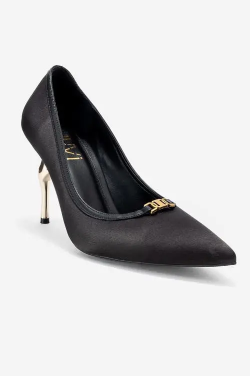 PROLOGUE SHOES Milos Buckle Pointed Toe Pump - Black Satin