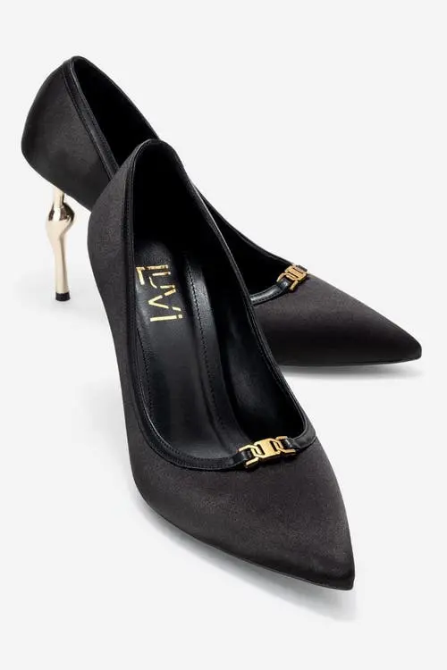 PROLOGUE SHOES Milos Buckle Pointed Toe Pump - Black Satin