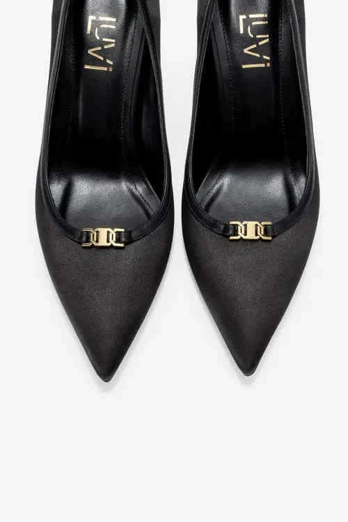 PROLOGUE SHOES Milos Buckle Pointed Toe Pump - Black Satin