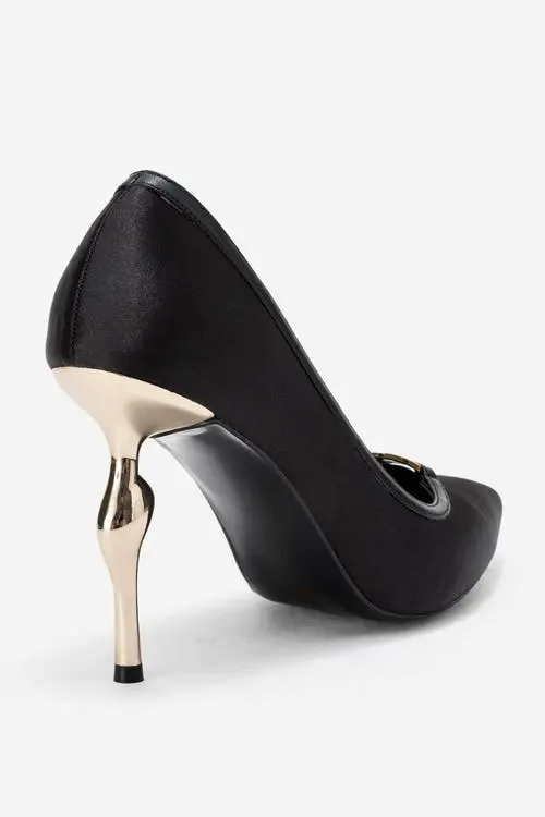 PROLOGUE SHOES Milos Buckle Pointed Toe Pump - Black Satin