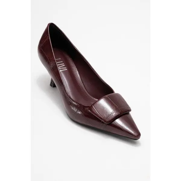 PROLOGUE SHOES Marcia Buckle Pointed Toe Pumps - Burgundy Printed