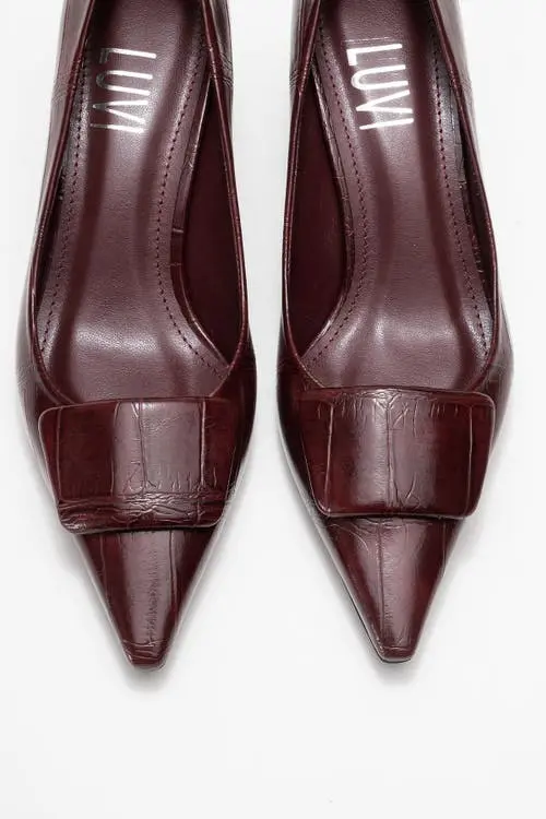 PROLOGUE SHOES Marcia Buckle Pointed Toe Pumps - Burgundy Printed