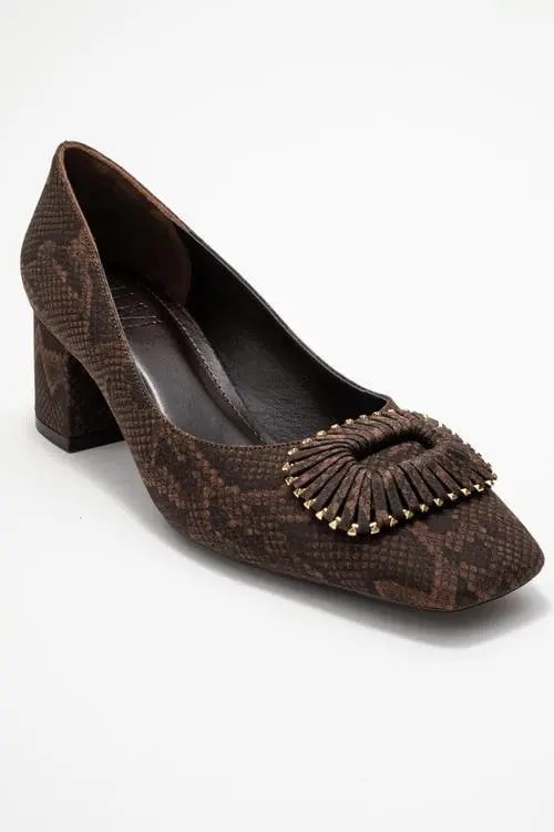 PROLOGUE SHOES Velora Buckle Square Toe Block Heel Pumps - Brown Pattern
