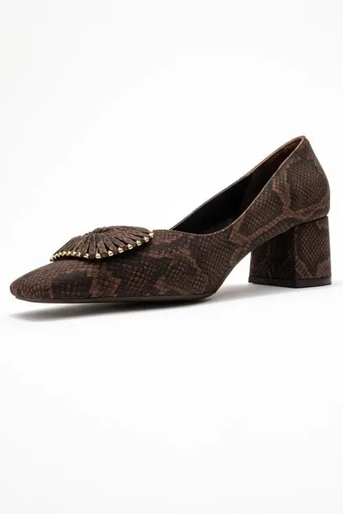 PROLOGUE SHOES Velora Buckle Square Toe Block Heel Pumps - Brown Pattern