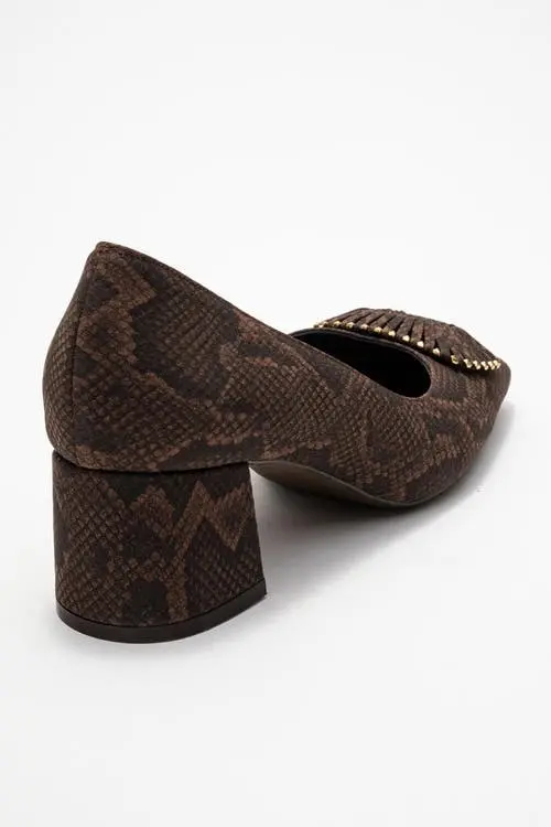 PROLOGUE SHOES Velora Buckle Square Toe Block Heel Pumps - Brown Pattern