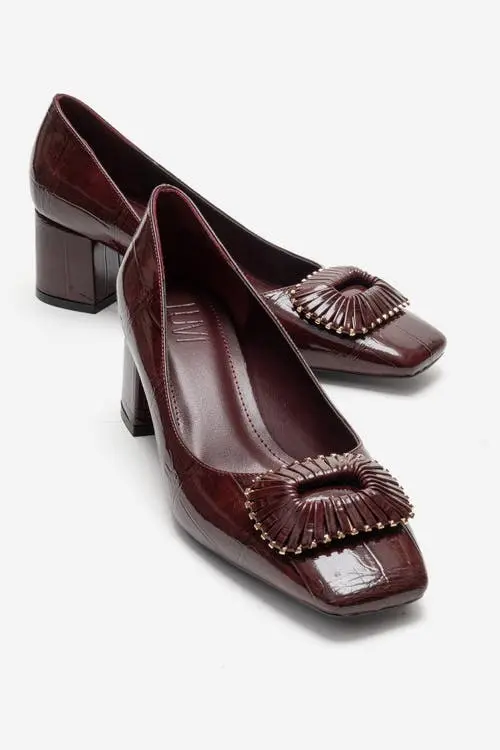 PROLOGUE SHOES Velora Buckle Square Toe Block Heel Pumps - Burgundy Print