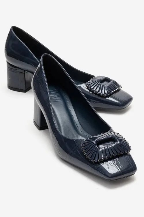PROLOGUE SHOES Velora Buckle Square Toe Block Heel Pumps - Navy Print