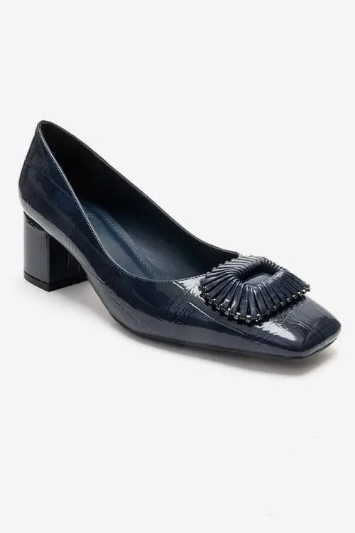 PROLOGUE SHOES Velora Buckle Square Toe Block Heel Pumps - Navy Print