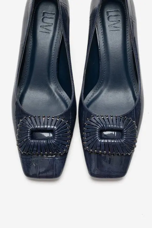 PROLOGUE SHOES Velora Buckle Square Toe Block Heel Pumps - Navy Print