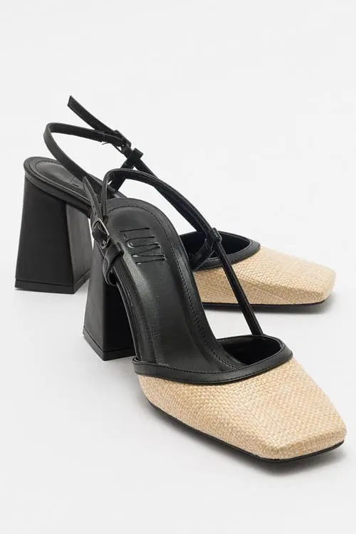 PROLOGUE SHOES Rivie Raffia Square Toe Block Heel Pumps - Black