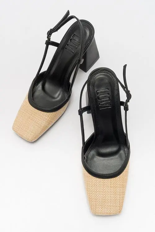 PROLOGUE SHOES Rivie Raffia Square Toe Block Heel Pumps - Black
