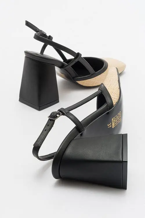 PROLOGUE SHOES Rivie Raffia Square Toe Block Heel Pumps - Black