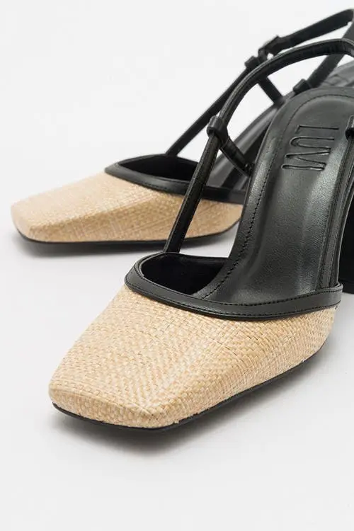 PROLOGUE SHOES Rivie Raffia Square Toe Block Heel Pumps - Black