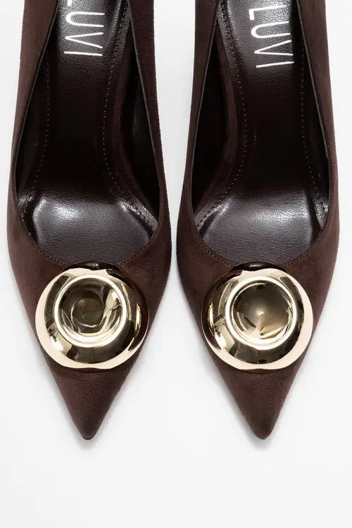 PROLOGUE SHOES Jordana Pointed Toe Pump - Brown Suede