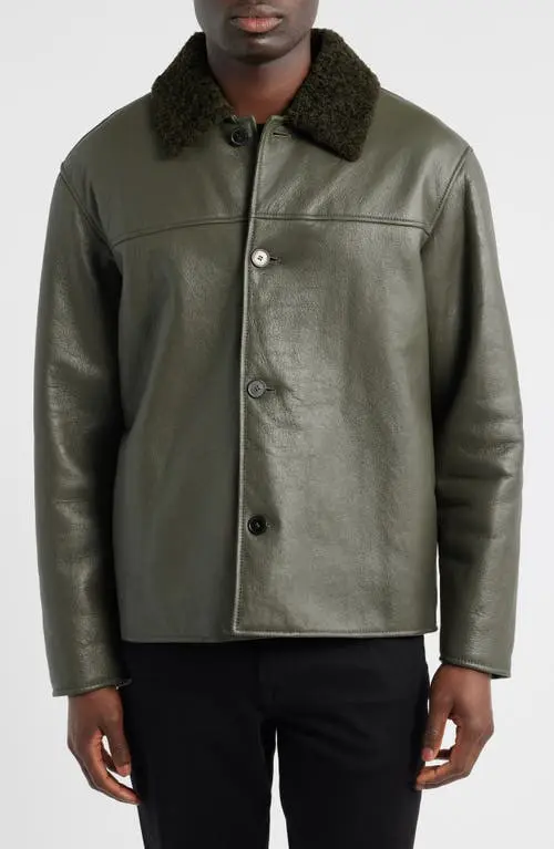 FRAME Leather Barn Jacket With Genuine Shearling Collar