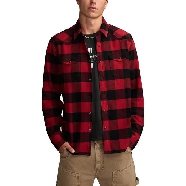 Lucky Brand Cloud Buffalo Check Cotton Flannel Snap-up Western Shirt - Red Multi