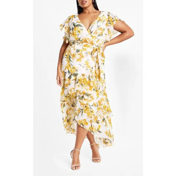City Chic Floral Faux Wrap Tiered Midi Dress - Yellow Floral