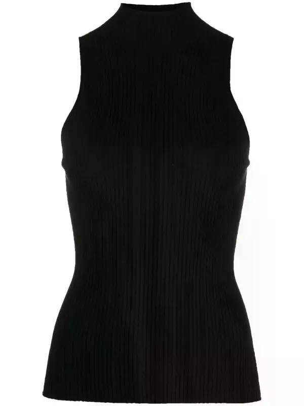 TWINSET Mock Neck Sleeveless Ribbed Top With Gold-tone Logo Plaque - Black