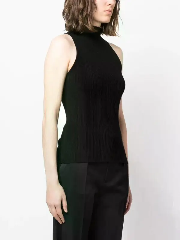 TWINSET Mock Neck Sleeveless Ribbed Top With Gold-tone Logo Plaque - Black