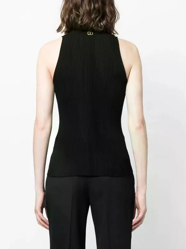 TWINSET Mock Neck Sleeveless Ribbed Top With Gold-tone Logo Plaque - Black