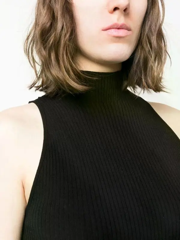 TWINSET Mock Neck Sleeveless Ribbed Top With Gold-tone Logo Plaque - Black