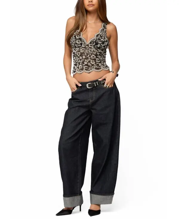 EDIKTED Araura Velvet Floral Sheer Top - Black-and-cream