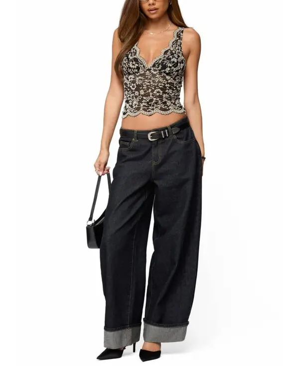 EDIKTED Araura Velvet Floral Sheer Top - Black-and-cream