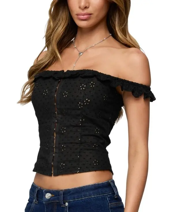 EDIKTED Eyelet Off-shoulder Top - Black