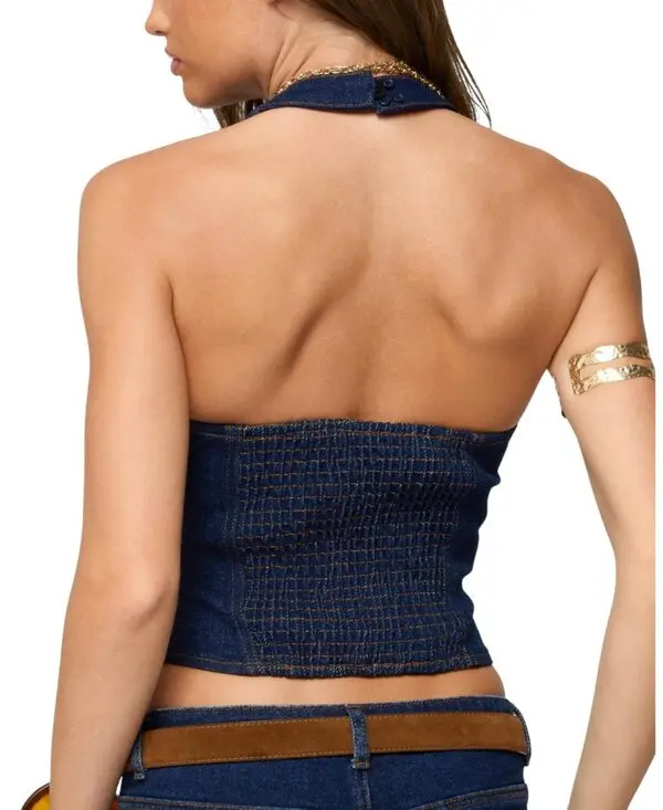 EDIKTED Contrast Stitch Denim Halter Top