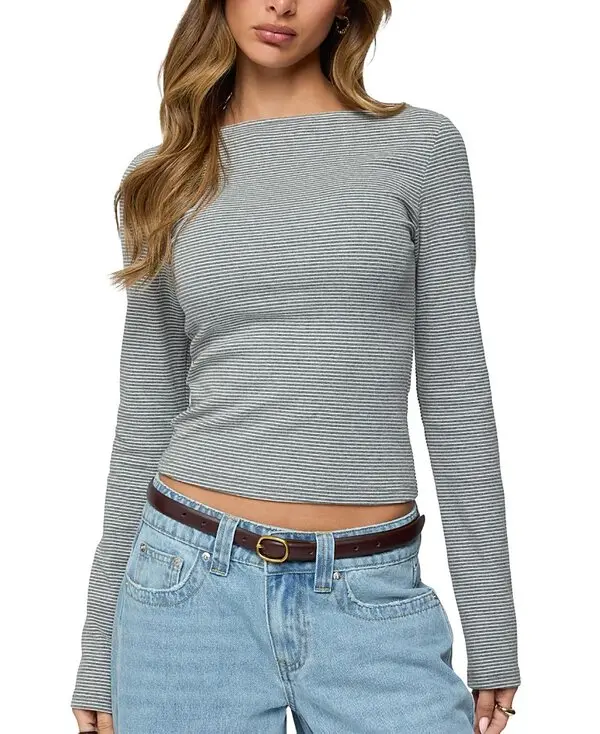 EDIKTED Striped Boat Neck Top - Gray-melange