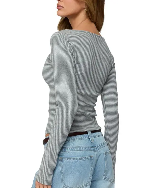 EDIKTED Striped Boat Neck Top - Gray-melange