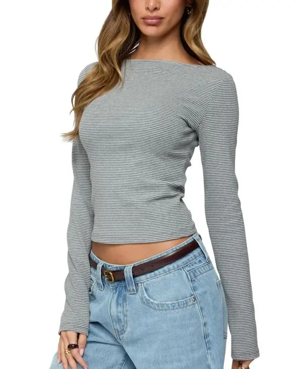 EDIKTED Striped Boat Neck Top - Gray-melange