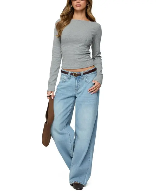 EDIKTED Striped Boat Neck Top - Gray-melange
