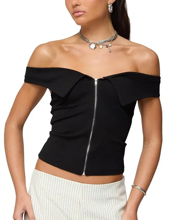 EDIKTED Collared Off-shoulder Zip-up Top