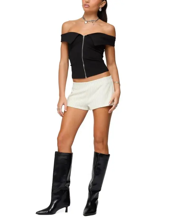 EDIKTED Collared Off-shoulder Zip-up Top