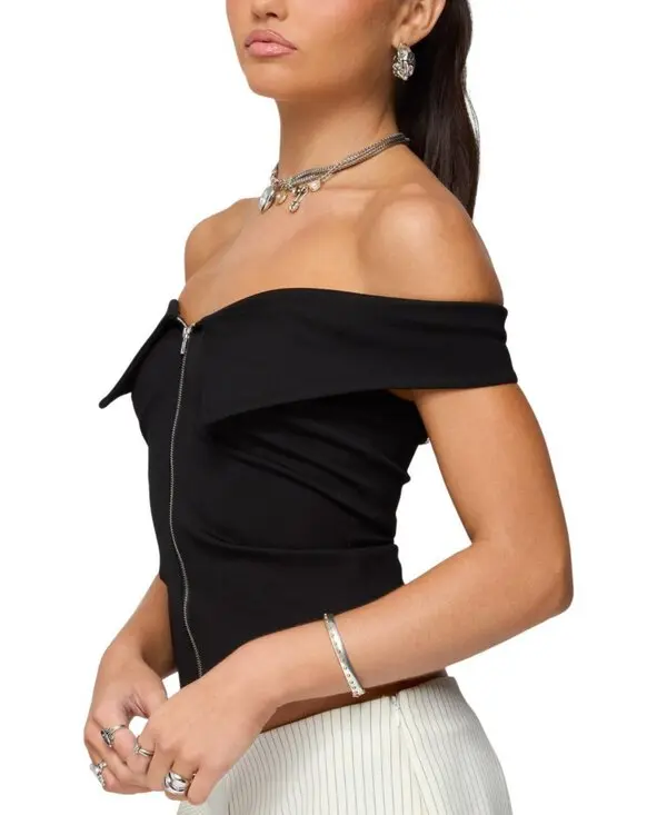 EDIKTED Collared Off-shoulder Zip-up Top