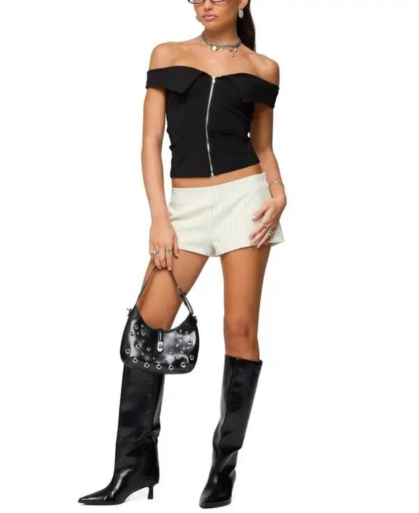 EDIKTED Collared Off-shoulder Zip-up Top