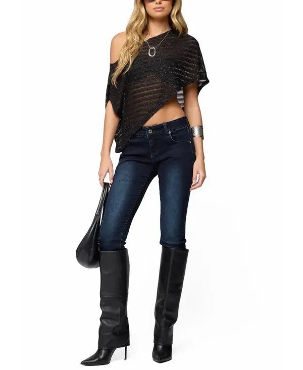 EDIKTED Asymmetric Off Shoulder Knit Poncho - Black