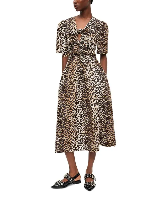 GANNI Printed Cotton Tie Strap Midi Dress