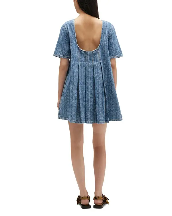 GANNI Striped Denim Pleated Dress - Mid Blue Stone