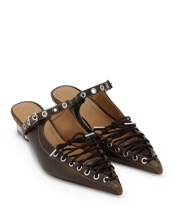 GANNI Eyelets Lace-up Mules - Dark Olive