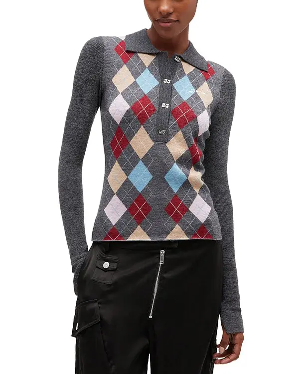 GANNI Fine Merino Wool Jacquard Knitted Polo Shirt - Paloma