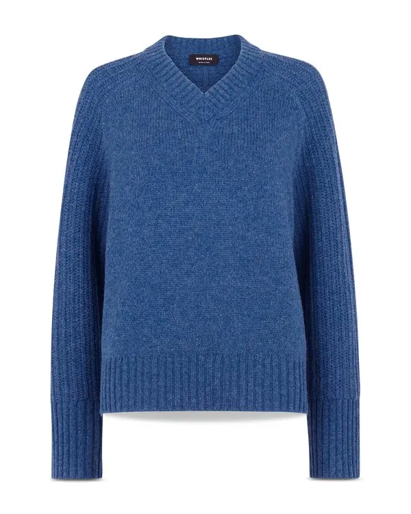 Whistles Wool Ribbed Sleeve V-neck Knit Sweater