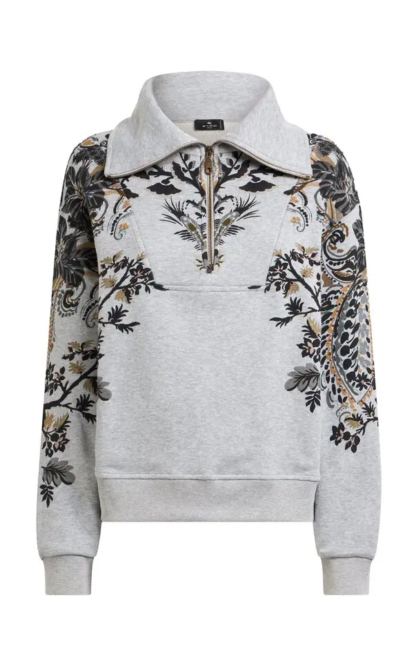 Etro Cut & Sew Cotton Sweatshirt With Half Zip And Stand Collar - Light Grey
