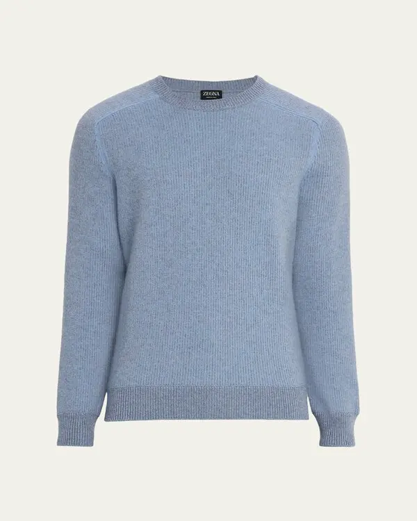 Zegna Cashmere Rib Saddle Crewneck Sweater - Blue