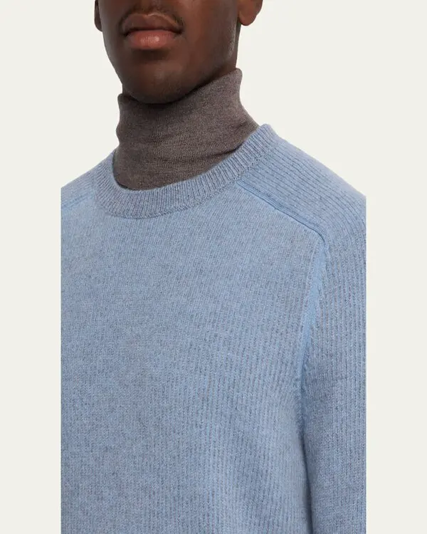 Zegna Cashmere Rib Saddle Crewneck Sweater - Blue