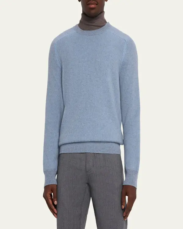 Zegna Cashmere Rib Saddle Crewneck Sweater - Blue