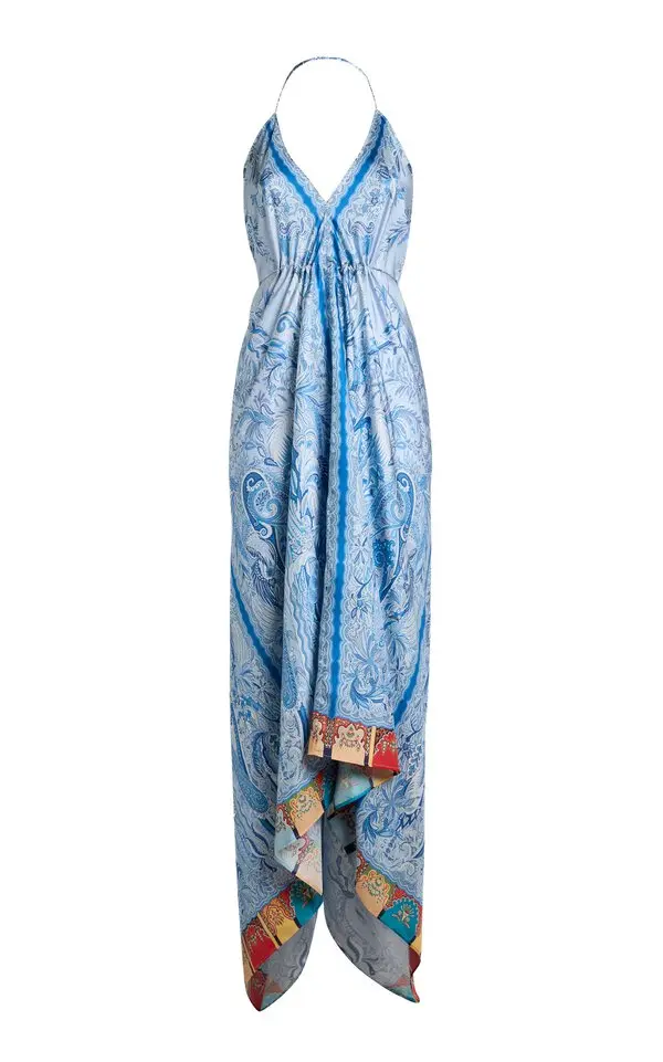 Etro Patterned Halterneck Asymmetrical Midi Dress - Light Blue