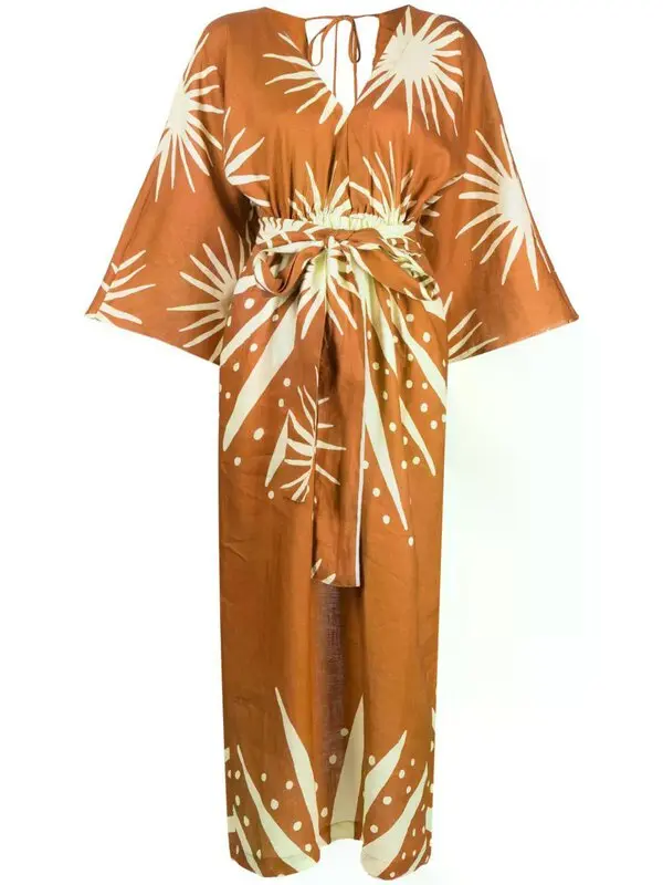 CALA DE LA CRUZ Graphic-print Linen Dress - Brown