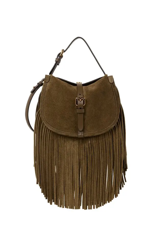 Etro Small Pony Suede Crossbody Bag With Fringe - Olive